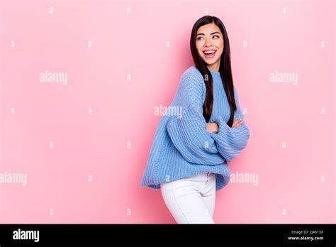 Profile Side View Portrait Of Attractive Cheery Girl Looking Aside Copy Space Folded Arms