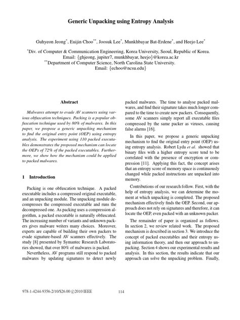 generic unpacking using entropy analysis pdf malware data compression