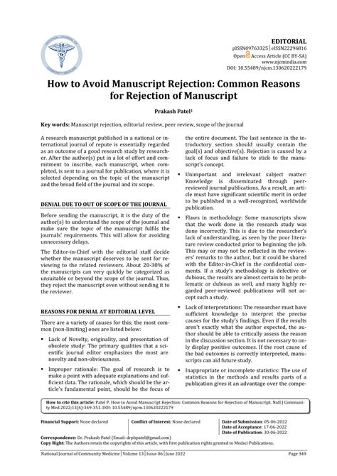 Pdf How To Avoid Manuscript Rejection Common Reasons For Rejection