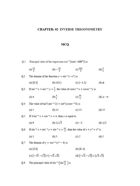 Inverse Trigonometry Q 1 Principal Value Of The Expression Cos Pdf Mathematical Relations
