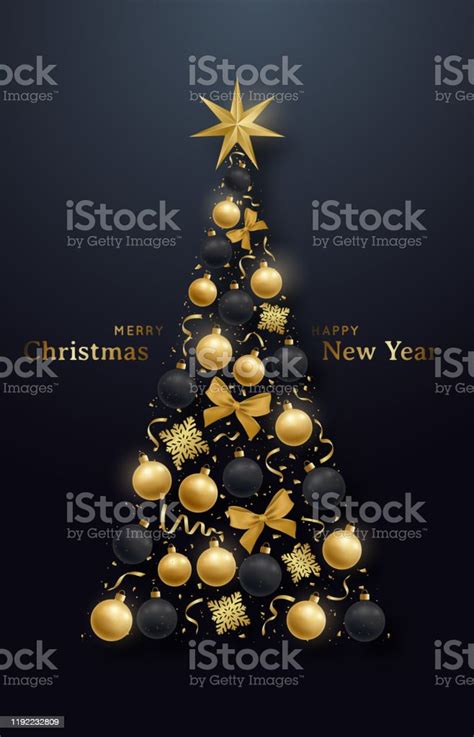 현실적인 황금 Baubles 활 스타와 눈송이 장식 크리스마스 트리 메리 크리스마스와 새해 복 분 인사말 카드입니다 벡터