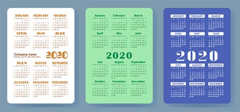 달력 2020 다채로운 벡터 세트입니다 포켓 캘린더 컬렉션 주일요일에 시작됩니다 인쇄를 위한 기본 그리드 템플릿 0명에 대한 스톡 벡터 아트 및 기타 이미지 Istock