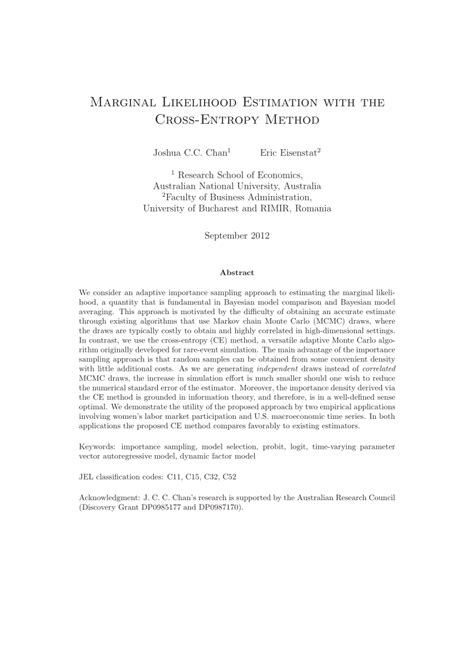 Pdf Marginal Likelihood Estimation With The Cross Entropy Method