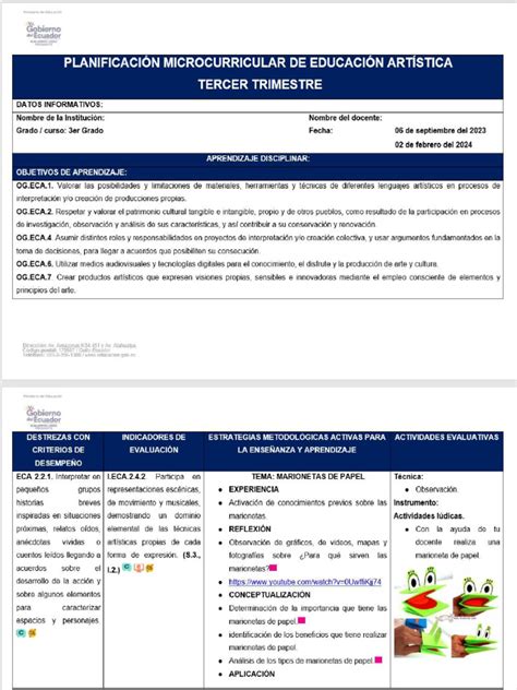 Planificacion De Educacion Cultural Y Artistica 3er Grado De Escuela