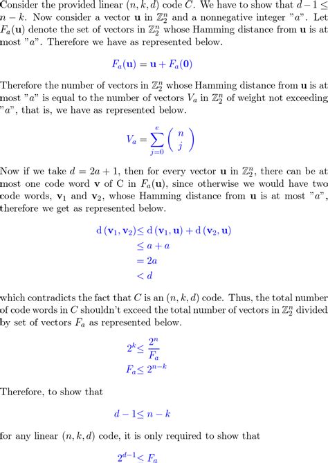 Show That D Leq N K For Any Linear N K D Code Quizlet