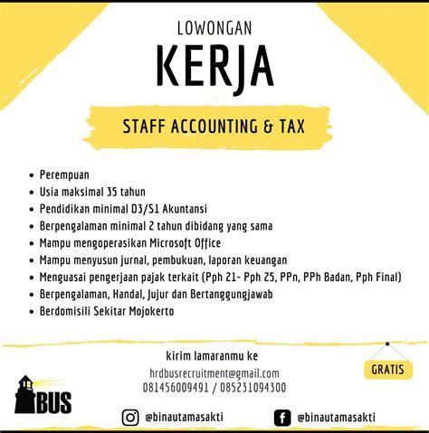 Lowongan Kerja Staff Accounting Tax Di PT Bina Utama Sakti Nugasin