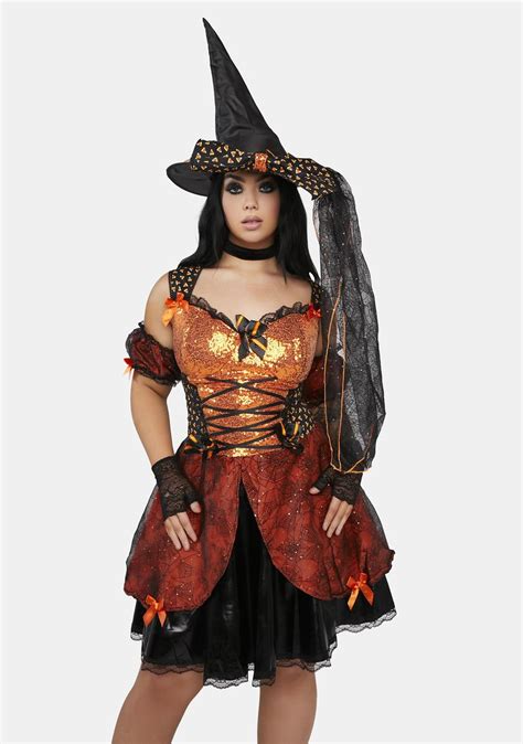 Plus Size Sexy Candy Corn Witch Costume Orange Black Dolls Kill