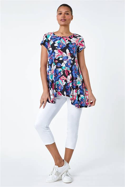 Blue Floral Print Stretch Hanky Hem Top Roman Uk