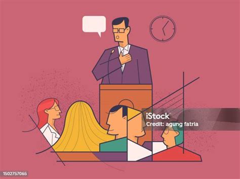 연단에서 연설하는 연사가 청중 앞에서 마이크를 들고 강단에서 연설을 하고 있다 경영자에 대한 스톡 벡터 아트 및 기타 이미지