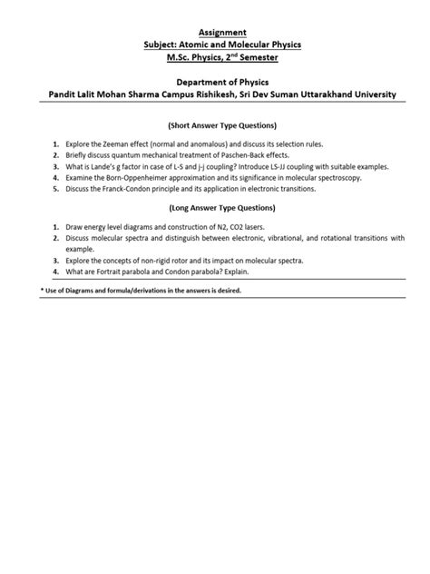 Assignment Atomic And Molecular Spectros Pdf