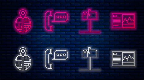 설정 회선 전화 와 음성 거품 채팅 열기 메일 상자 관점과 엽서지도 종이에 자리 표시자 벽돌 벽에 빛나는 네온 아이콘입니다 벡터 0명에 대한 스톡 벡터 아트 및 기타 이미지