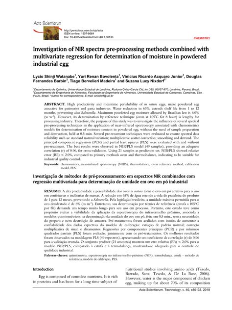 Pdf Investigation Of Nir Spectra Pre Processing Methods Combined With Multivariate Regression