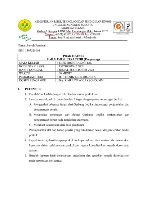 Tugas 5 Jobsheet 7 Rangkaian Pengurang Setengah Dan Full Subtractor