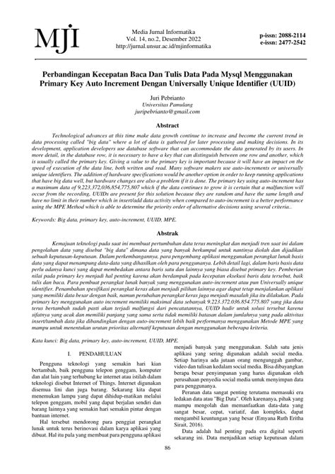 Pdf Perbandingan Kecepatan Baca Dan Tulis Data Pada Mysql Menggunakan Primary Key Auto