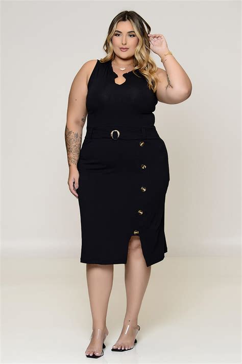 Vestido Plus Size Com Cinto Embutido Vk Moda Plus Size