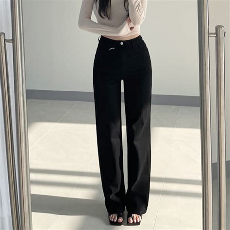 숏롱 베이직 기본 블랙진 하이웨스트 뒷밴딩 일자 와이드핏 팬츠 S 2xl 에이블리