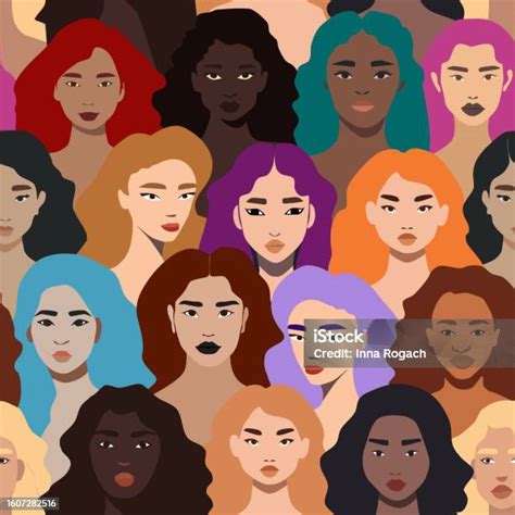 다른 민족의 매끄러운 패턴의 다양한 여성 얼굴 평등 개념 국제 여성 행동주의 페미니즘 포용 3월에 대한 스톡 벡터 아트 및 기타
