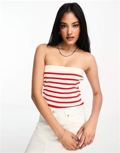 Asos Design Knitted Bandeau Crop Top In Red And White Asos