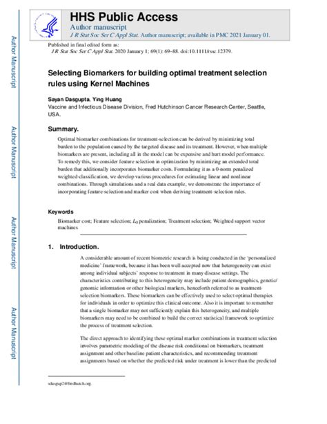 Pdf Selecting Biomarkers For Building Optimal Treatment Selection Rules By Using Kernel Machines