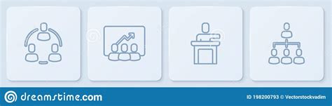 Set Line Project Team Base Speaker And Hierarchy Organogram Chart White Square Button Stock