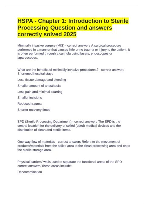 Hspa Chapter 1 Introduction To Sterile Processing Question And