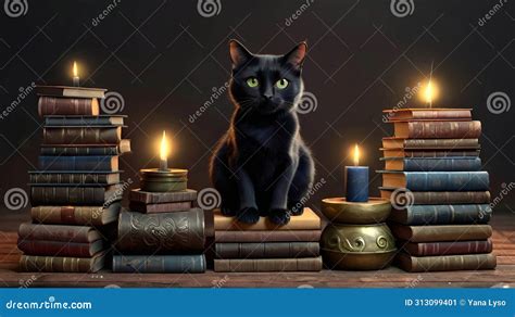 Mysterious Black Cat Sitting On Old Magical Books Witchcraft And Arcane Objects In Dark Library