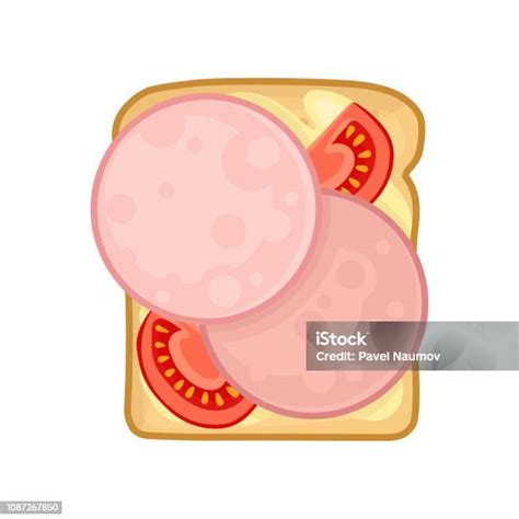맛 있는 샌드위치의 평면 벡터 아이콘입니다 소시지와 신선한 토마토의 조각과 빵 아침 이나 점심을 위한 음식 건강한 식생활에 대한