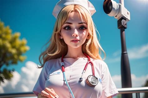 Premium Ai Image A Doll With A Stethoscope On Her Neck Stands In Front Of A Blue Sky