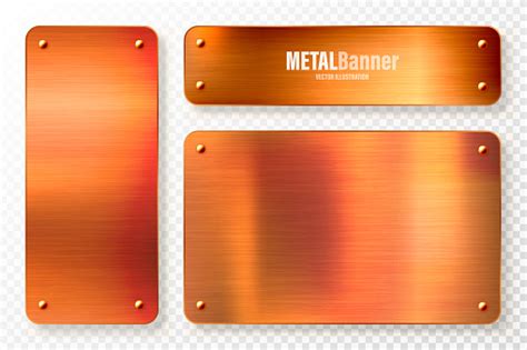현실적인 구리 배너 컬렉션 리벳으로 스테인레스 스틸 플레이트를 닦았습니다 광택 금속 표면 긁힌 산업 질감 금속 배경 벡터 일러스트레이션 0명에 대한 스톡 벡터 아트 및 기타