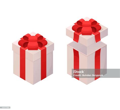기프트 박스 템플릿이 닫힙에 닫힙이 열려 있습니다 밝은 빨간 리본이 달린 세련된 상자가 웅장한 활을 묶었다 닫은에 대한 스톡 벡터 아트 및 기타 이미지 Istock