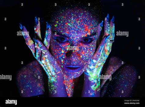 Model Woman In Neon Light Beautiful Model Girl With Fluorescent Makeup