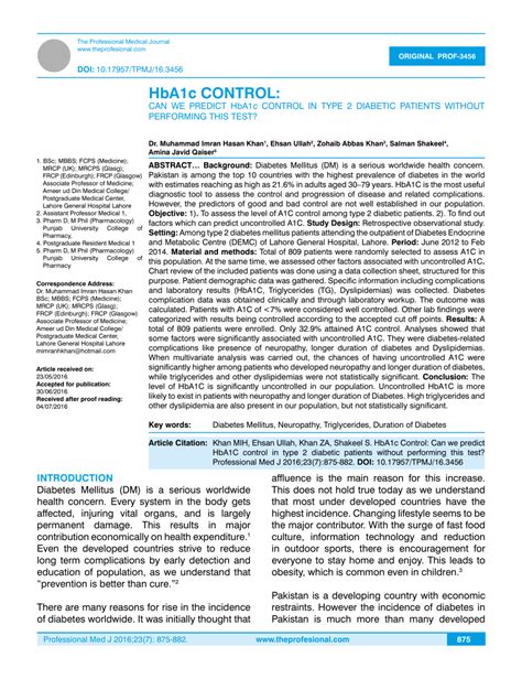 Pdf Hba1c Control Can We Predict Hba1c Control In Type 2 Diabetic Patients Without Performing