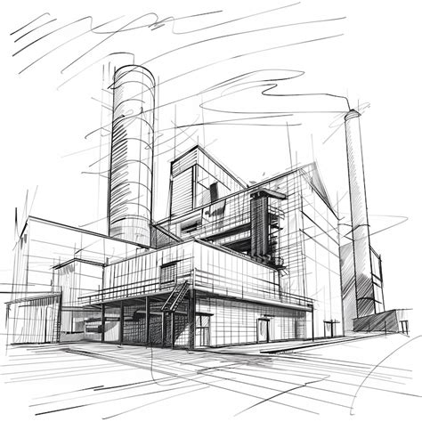 Vector Illustration Sketch Of Architectural Design Drawing Of Factory