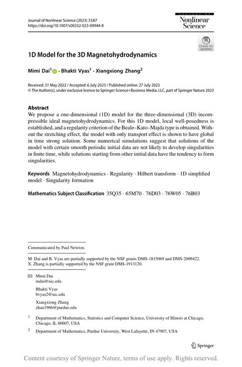 1d model for the 3d magnetohydrodynamics