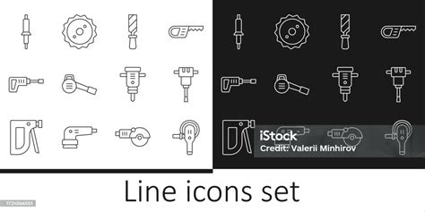 라인 앵글 그라인더 건설 착암기 Rasp 금속 파일 잎 정원 송풍기 회전식 드릴 머신 납땜 인두 및 원형 톱날 아이콘을 설정합니다 벡터 Rotary International