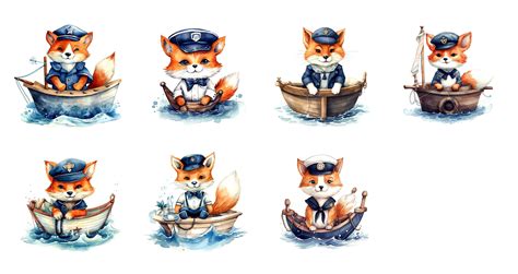 Watercolor Sailor Fox Clipart Bundle Nautical Fox Art  Blue And