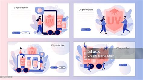 자외선 차단 개념 자외선 차단제 크림 로션 Spf 수준이 다른 젤의 튜브와 병 방문 페이지 템플릿 Ui 웹 모바일 앱 포스터 배너 전단지에 대한 화면 템플릿입니다 벡터