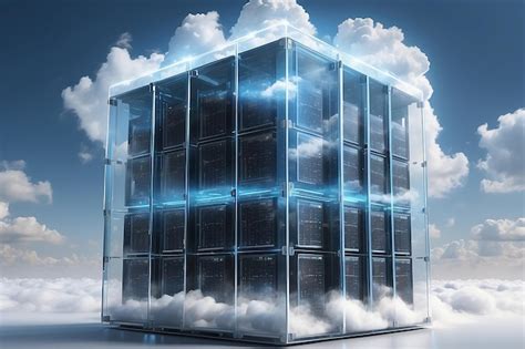 Cloud Data Storage Rack Concept In Glass Cube Cloudscape Digital Metaverse Server For Premium