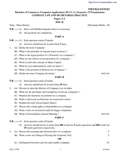 Bcca 6 Sem Company Law And Secretarial Practice 5543 Summer 2019 Pdf
