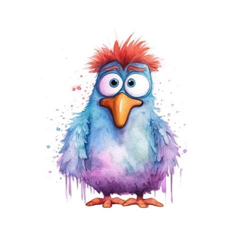 Una pintura de acuarela de un pájaro con un pico rojo y un pico morado