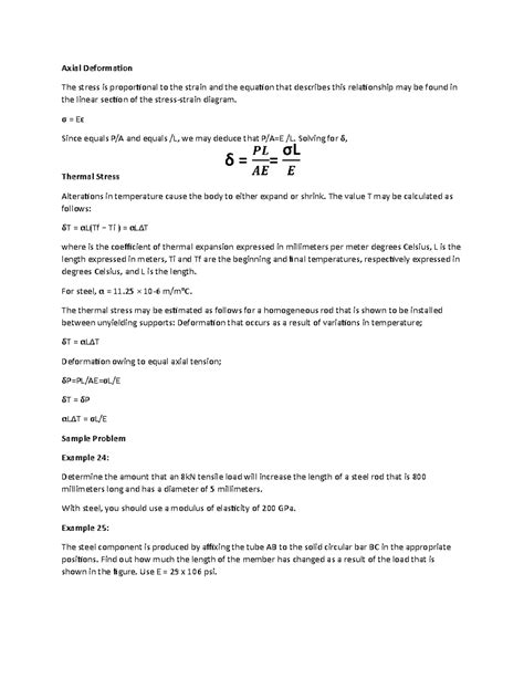 Axial Deformation Axial Deformation The Stress Is Proportional To The
