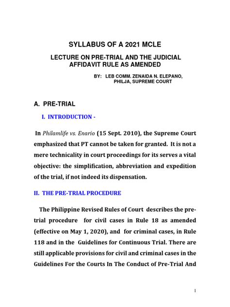 Elepano Zenaida Syllabus Of A 2021 Mcle Lecture On Pretrial And