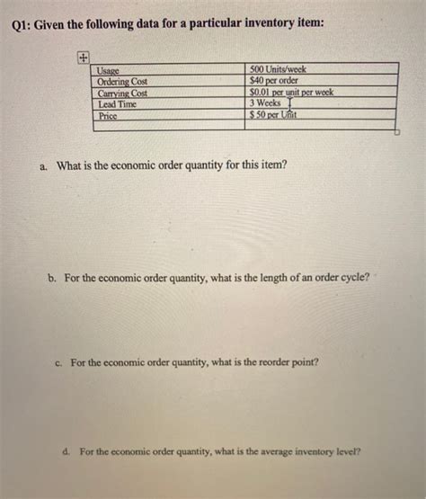 Solved Q1 Given The Following Data For A Particular Chegg