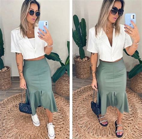 Saia Midi Peplum Em Couro Ecológico Verde Militar Madame Ninna Loja