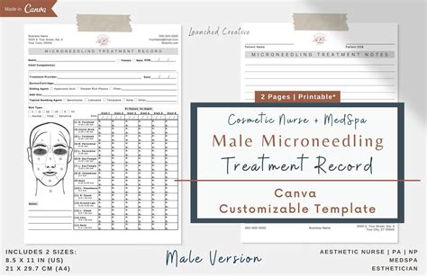 Microneedling Male Treatment Record Form Template Prp Etsy