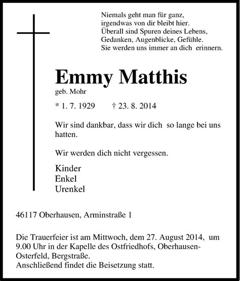 Traueranzeigen Von Emmy Matthis Trauer In Nrwde