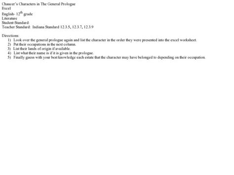 Chaucers Characters In The General Prologue Lesson Plan For 12th Grade