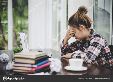 Woman Sitting His Face Unsettled Computer Desk She Has Headaches