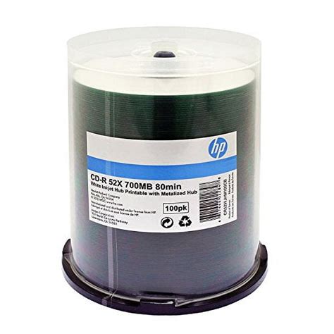Hp Cd R 52x 80 Min White Inkjet Printable Metalized Hub 100pk Cb