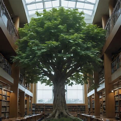 A Tree In A Library With A Skylight Above It Premium Ai Generated Image